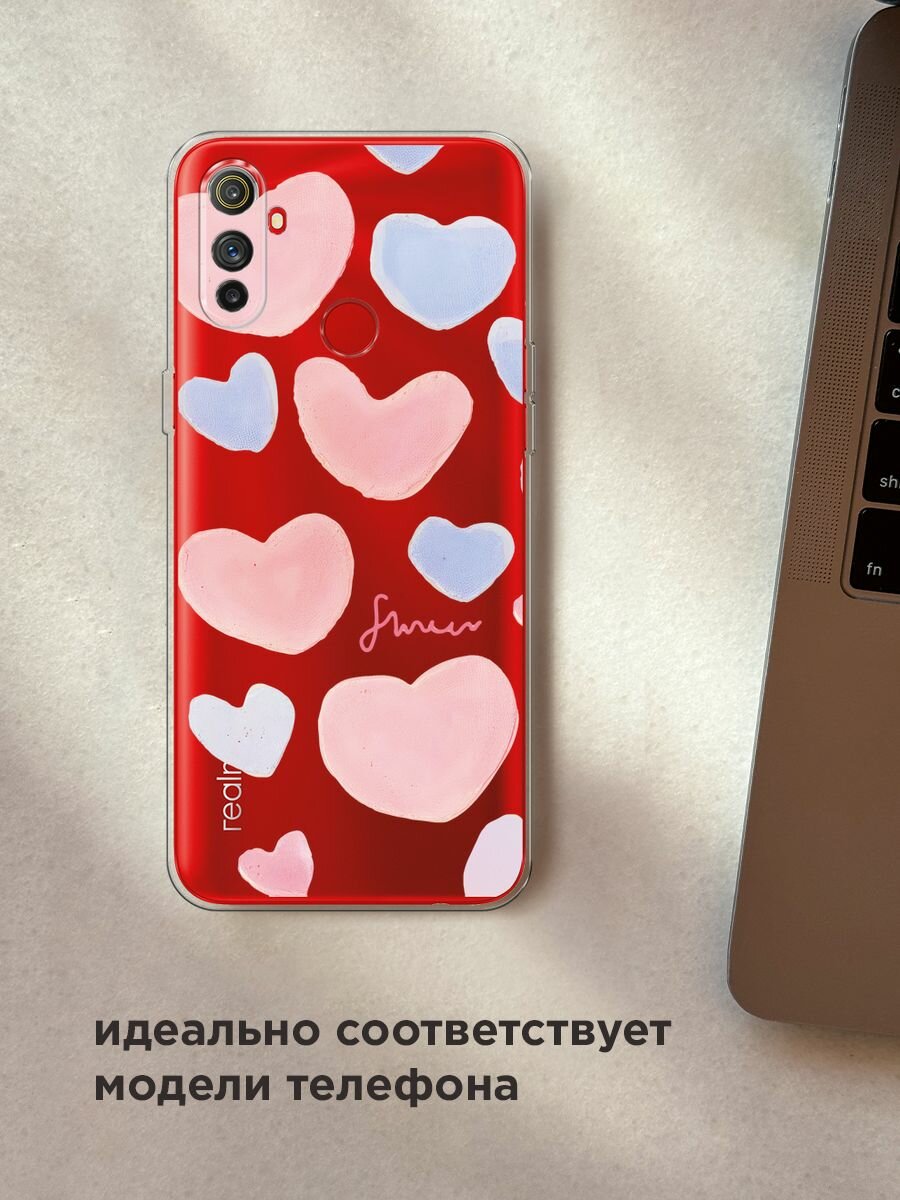 Чехол на Realme C3 / Реалми C3 с принтом "Пастельные сердечки", прозрачный — фото 1