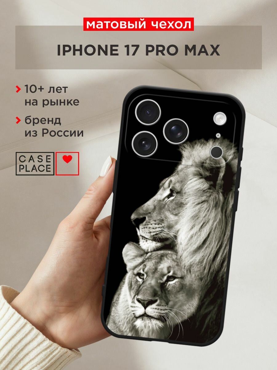 Черный матовый чехол на Apple iPhone 17 Pro Max / Айфон 17 Про Макс с принтом "Лев и львица"
