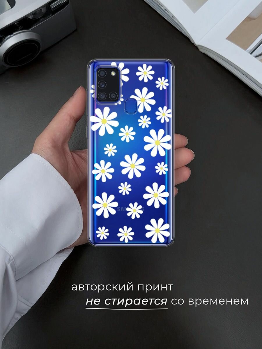 Чехол на Samsung Galaxy A21s / Самсунг Галакси A21s с принтом "Большие ромашки", прозрачный — фото 1
