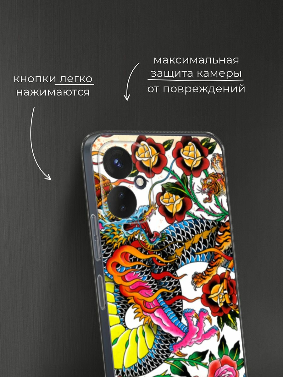 Чехол на Tecno Spark 9 Pro / Техно Спарк 9 Про с принтом "Дракон в цветах" — фото 1