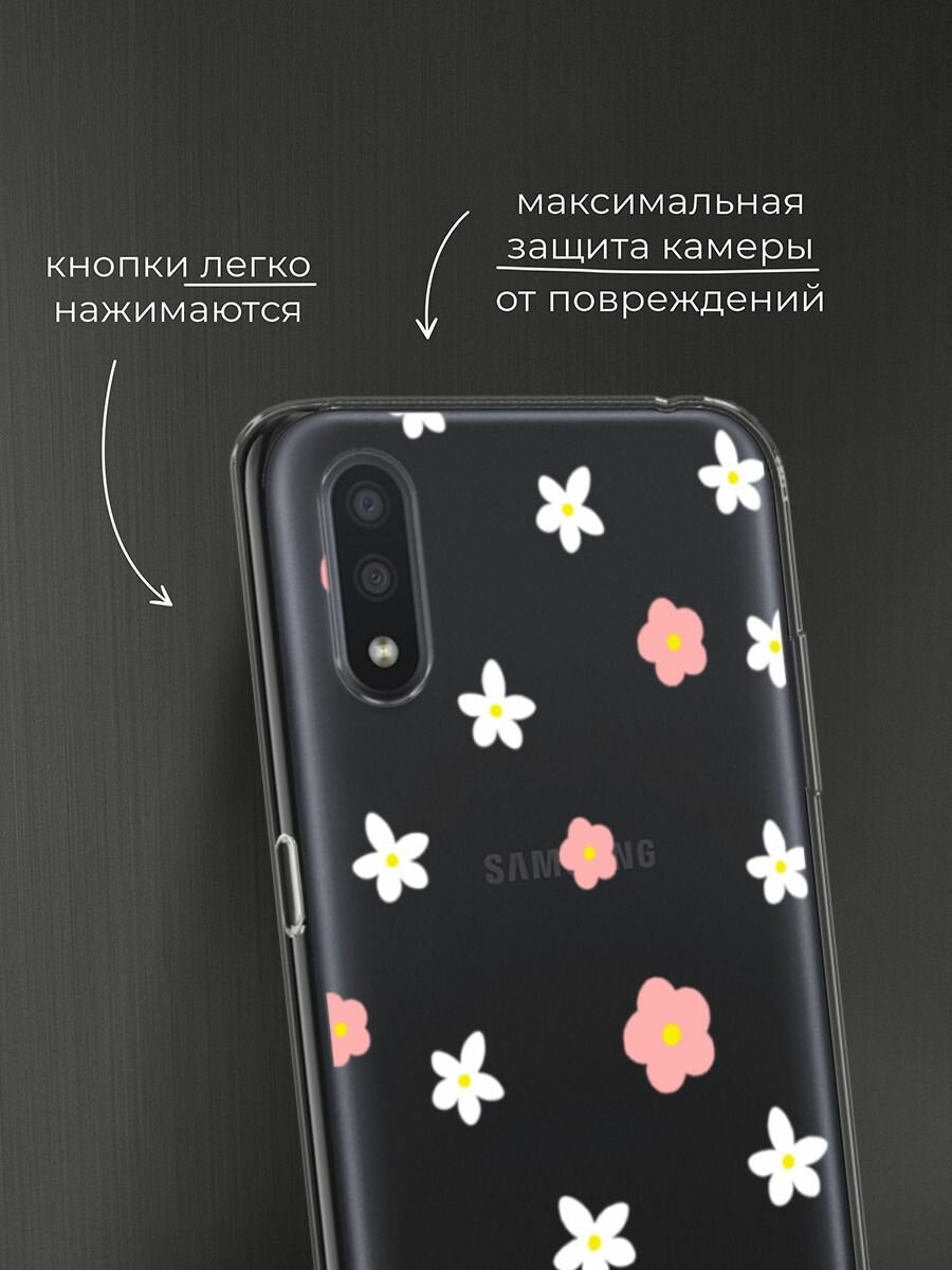 Чехол на Samsung Galaxy A01 / Самсунг Гэлакси А01 с принтом "Розовые и белые цветы", прозрачный — фото 1