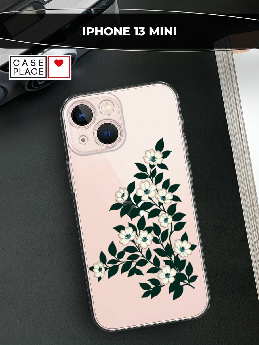 Чехол на Apple iPhone 13 mini / Айфон 13 мини с принтом "Цветы с черными листьями"
