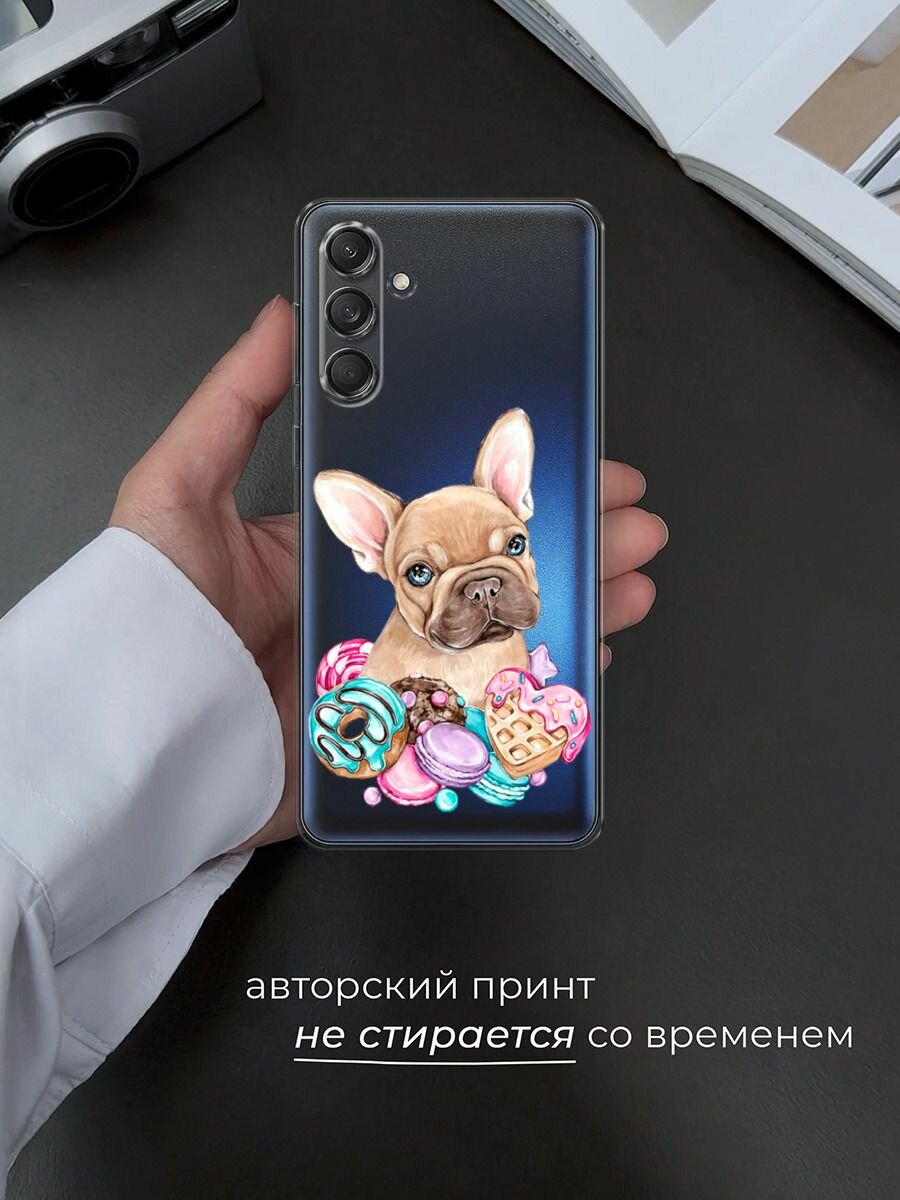 Чехол на Samsung Galaxy M55 / Самсунг M55 с принтом "Бульдог и сладости", прозрачный — фото 1