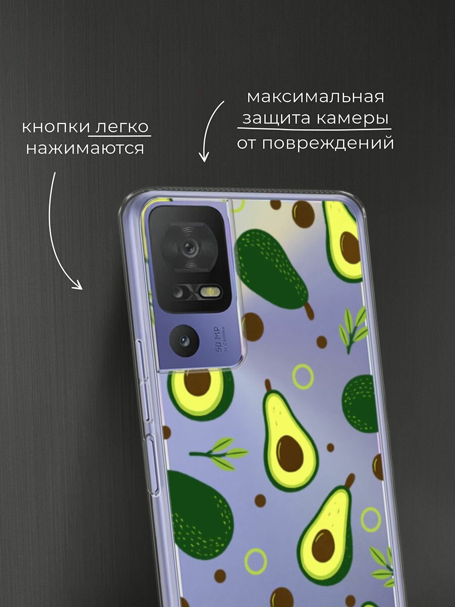 Чехол на TCL 40 SE / ТСЛ 40 SE с принтом "Авокадо паттерн", прозрачный — фото 1
