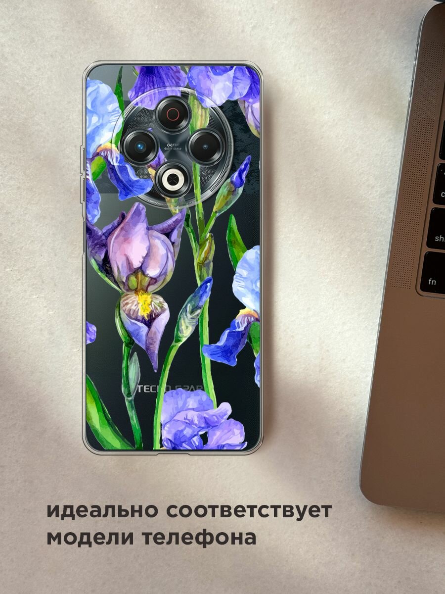Чехол на Tecno Spark 30 / Текно Спарк 30 с принтом "Синие ирисы", прозрачный — фото 1