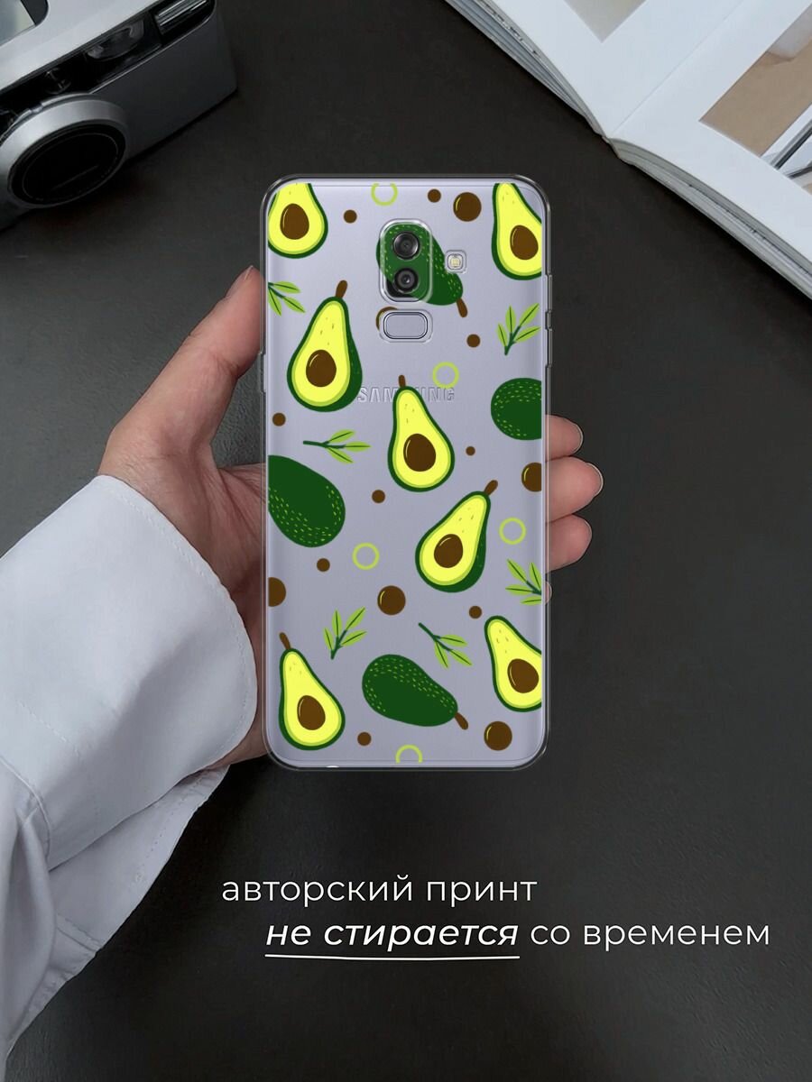 Чехол на Samsung Galaxy J8 / Самсунг Галакси Джей 8 с принтом "Авокадо паттерн", прозрачный — фото 1