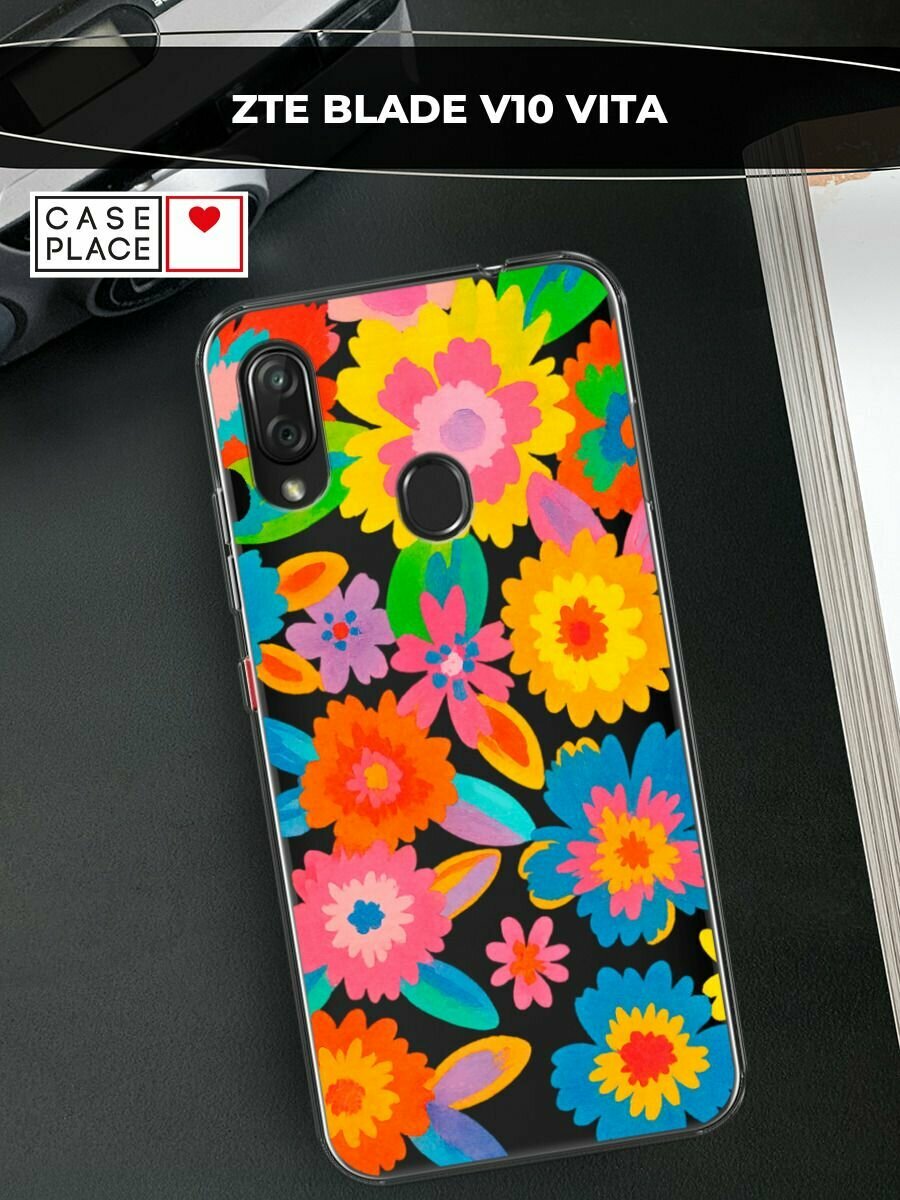 Чехол на ZTE Blade V10 Vita / ЗТЕ Блейд V10 Вита с принтом "Абстрактные яркие цветы", прозрачный