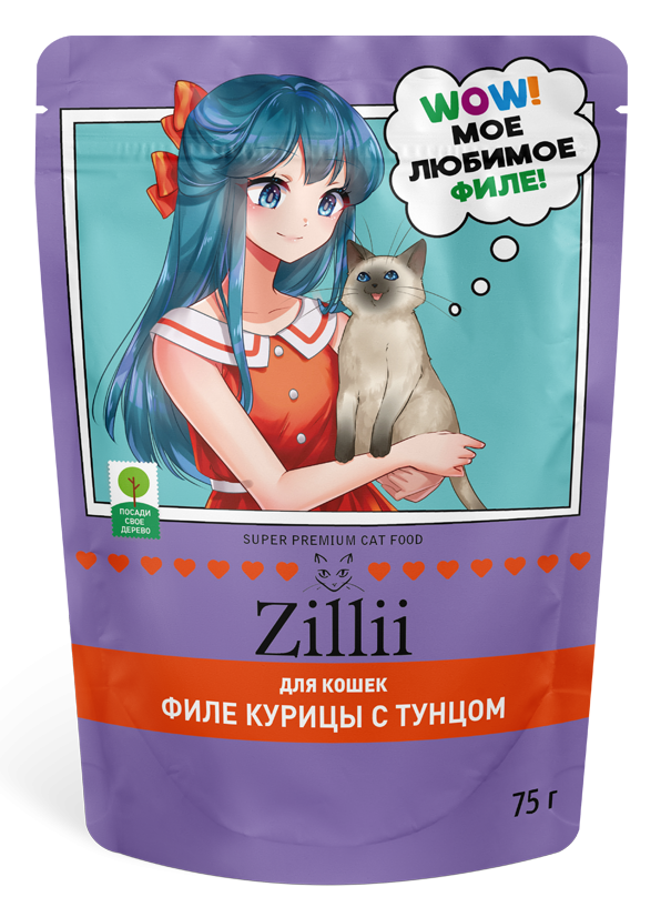Влажный корм Zillii для взрослых кошек с курицей и тунцом в желе, в паучах - 75 г х 12 шт