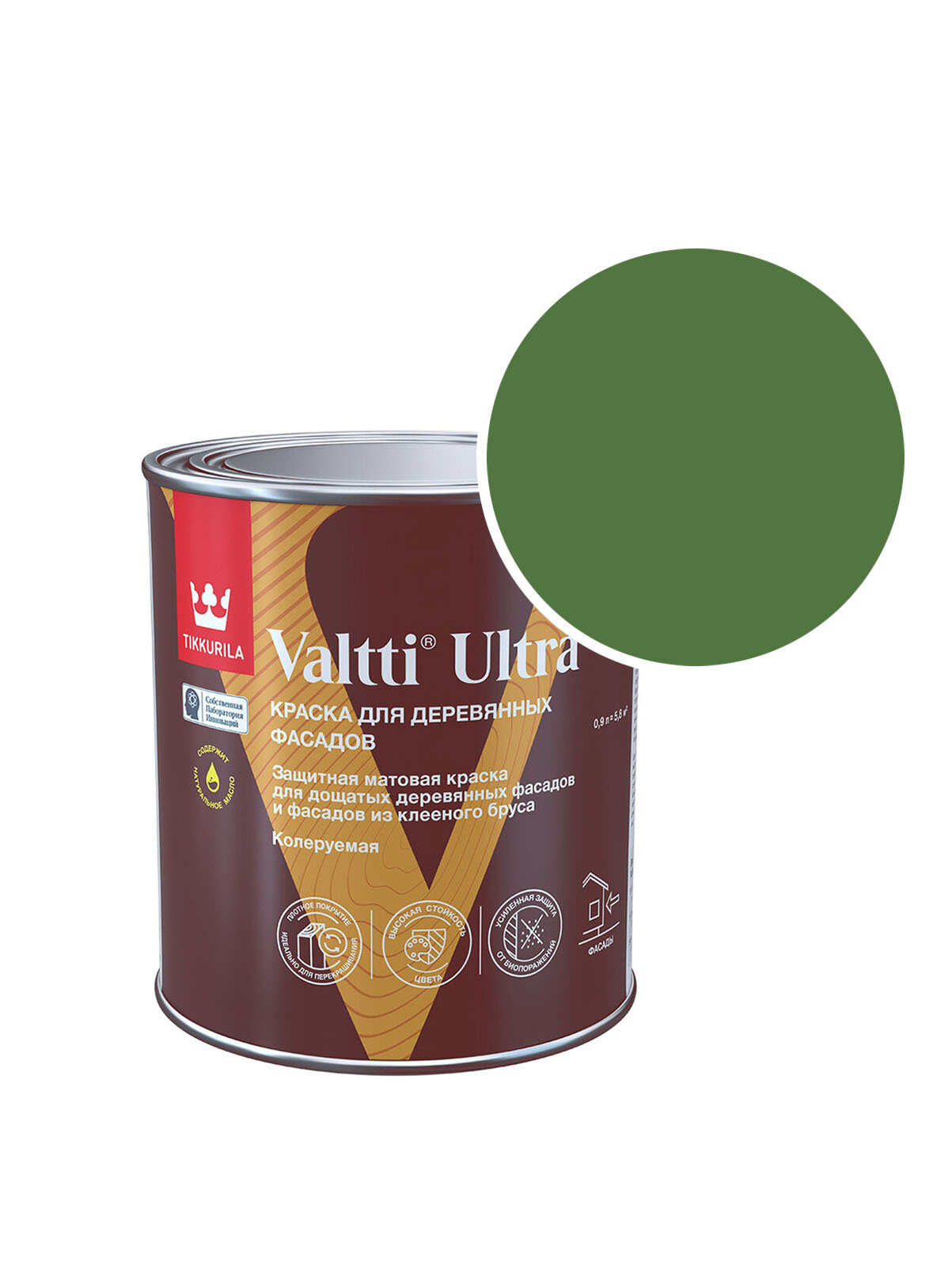 Краска фасадная по дереву Tikkurila Valtti Ultra водно-дисперсионная RAL 6010 (Травяной зеленый - Grass green) 0,9 л