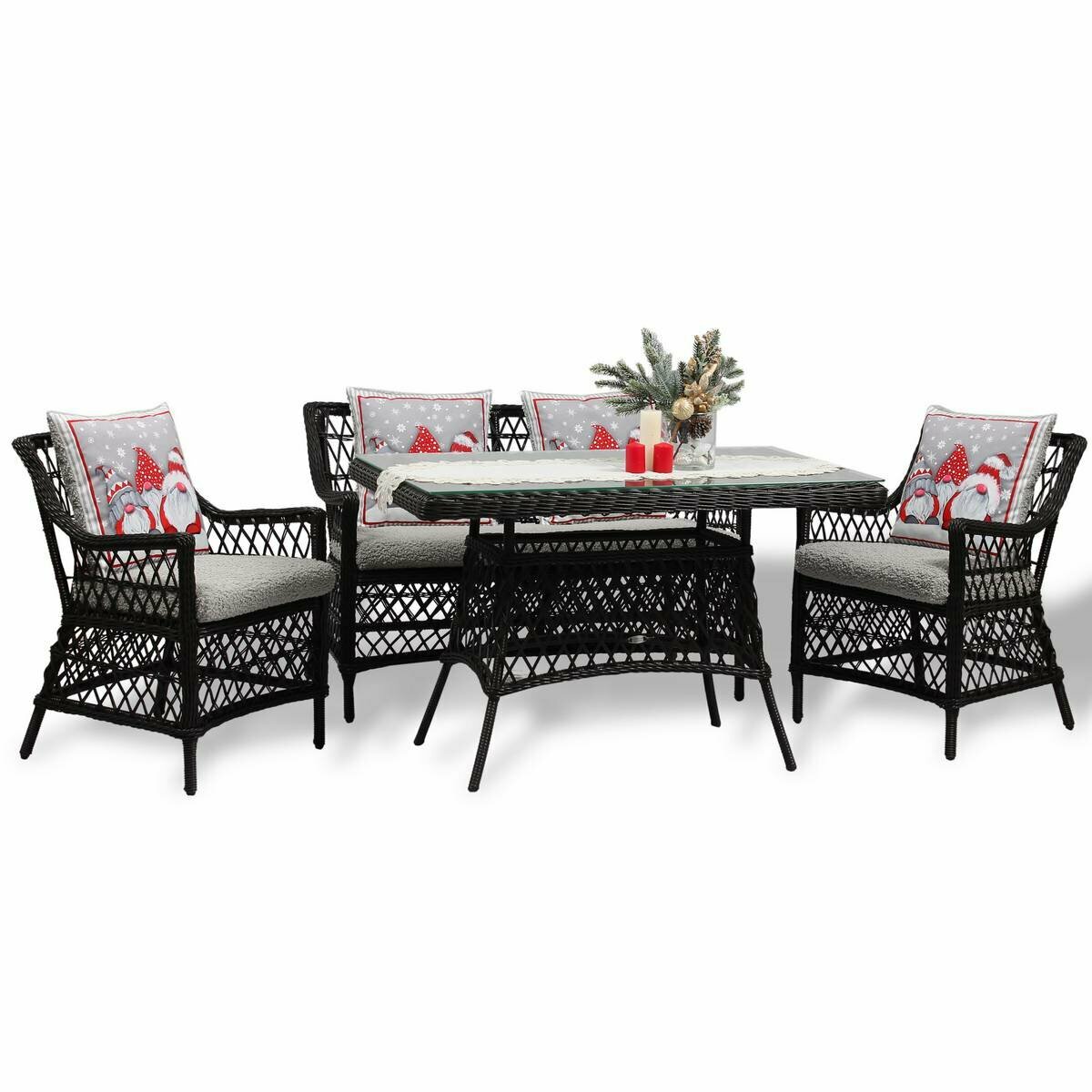 Обеденная группа Malacca Гайс в цвете венге, искусственный ротанг, для улицы, с новогодним текстилем