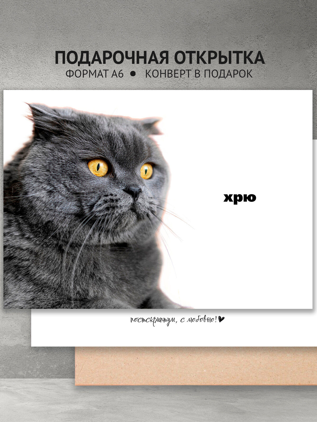 Подарочная открытка с уникальной иллюстрацией котик "Хрю" с днем рождения, с юбилеем, без повода