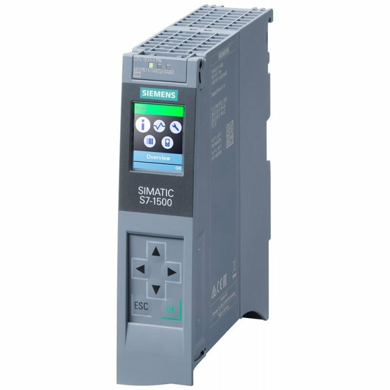 Модуль SIEMENS 6ES7511-1AK02-0AB0 SIMATIC S7-1500, CPU 1511-1 PN, Central processing unit with working memory 150 KB for program and 1 MB for data, 1. interface: PROFINET IRT with 2 port switch, 60 NS bit-performance, SIMATIC memory card necessary