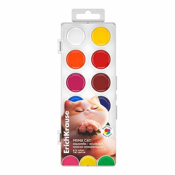 Краски акварельные Erich Krause Prima Cat, 12 цветов, пластиковая коробка, европодвес