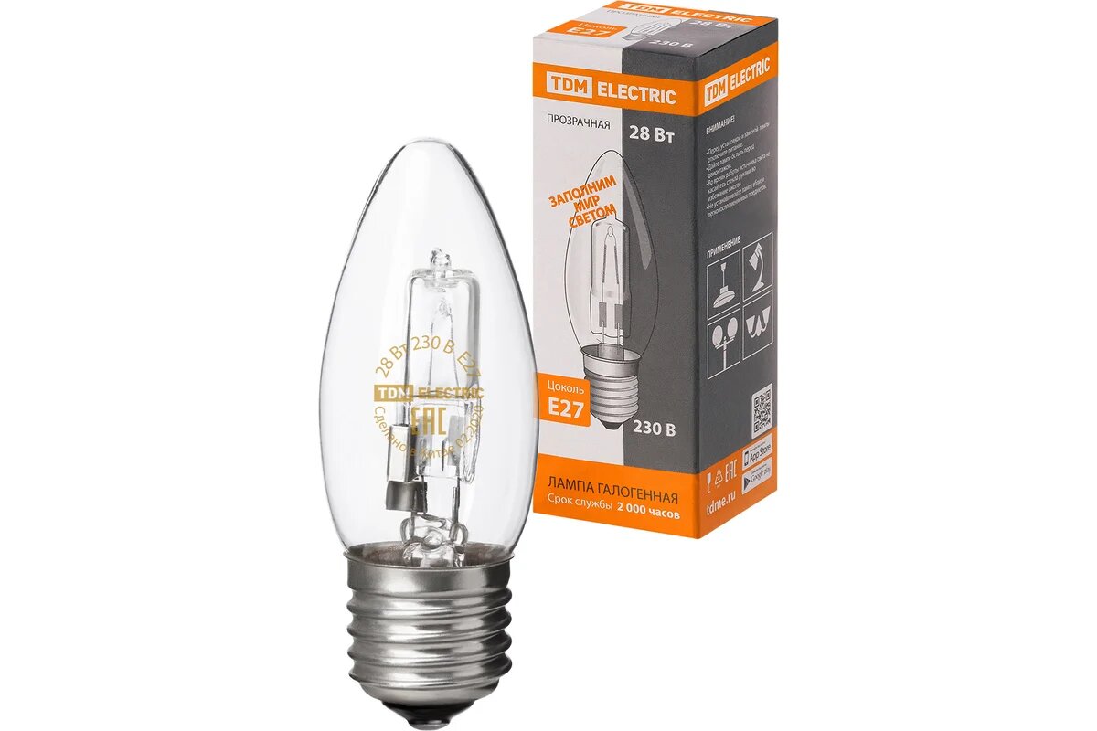 TDM ELECTRIC Галогенная лампа свеча прозрачная 28 Вт 230 В Е27 SQ0341-0095 для светильников