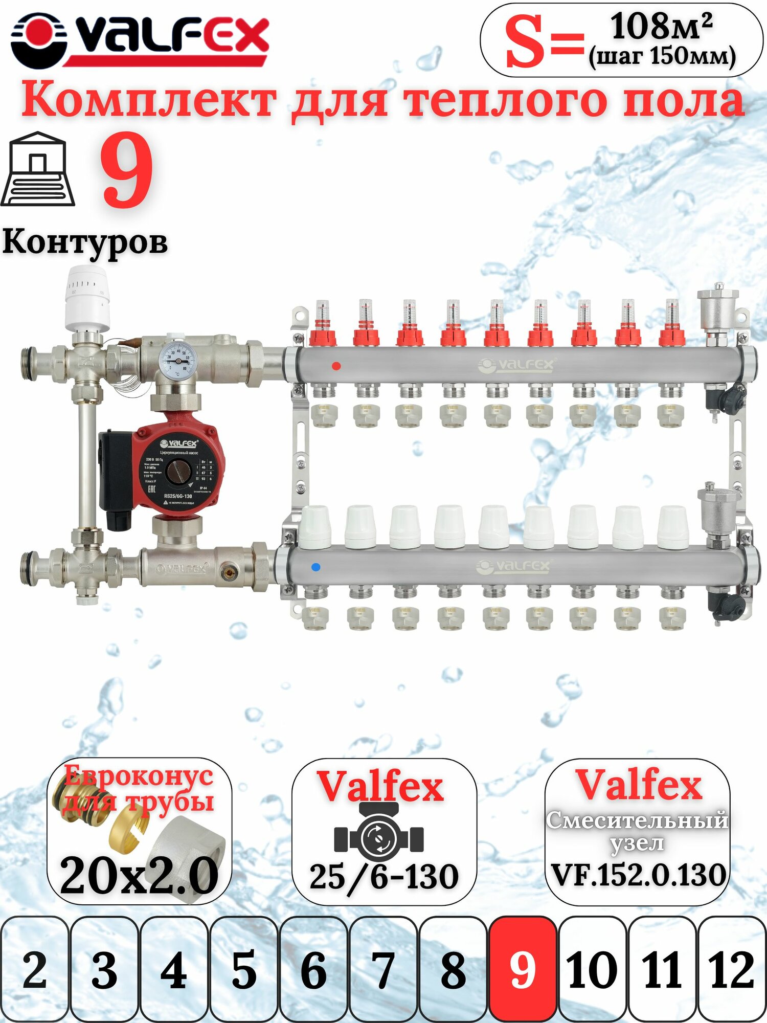 Комплект тёплого пола на 9 контуров VALFEX (Коллектор на 9 выходов+Насос+НСУ c байпасом+Евроконусы 20х2,0)