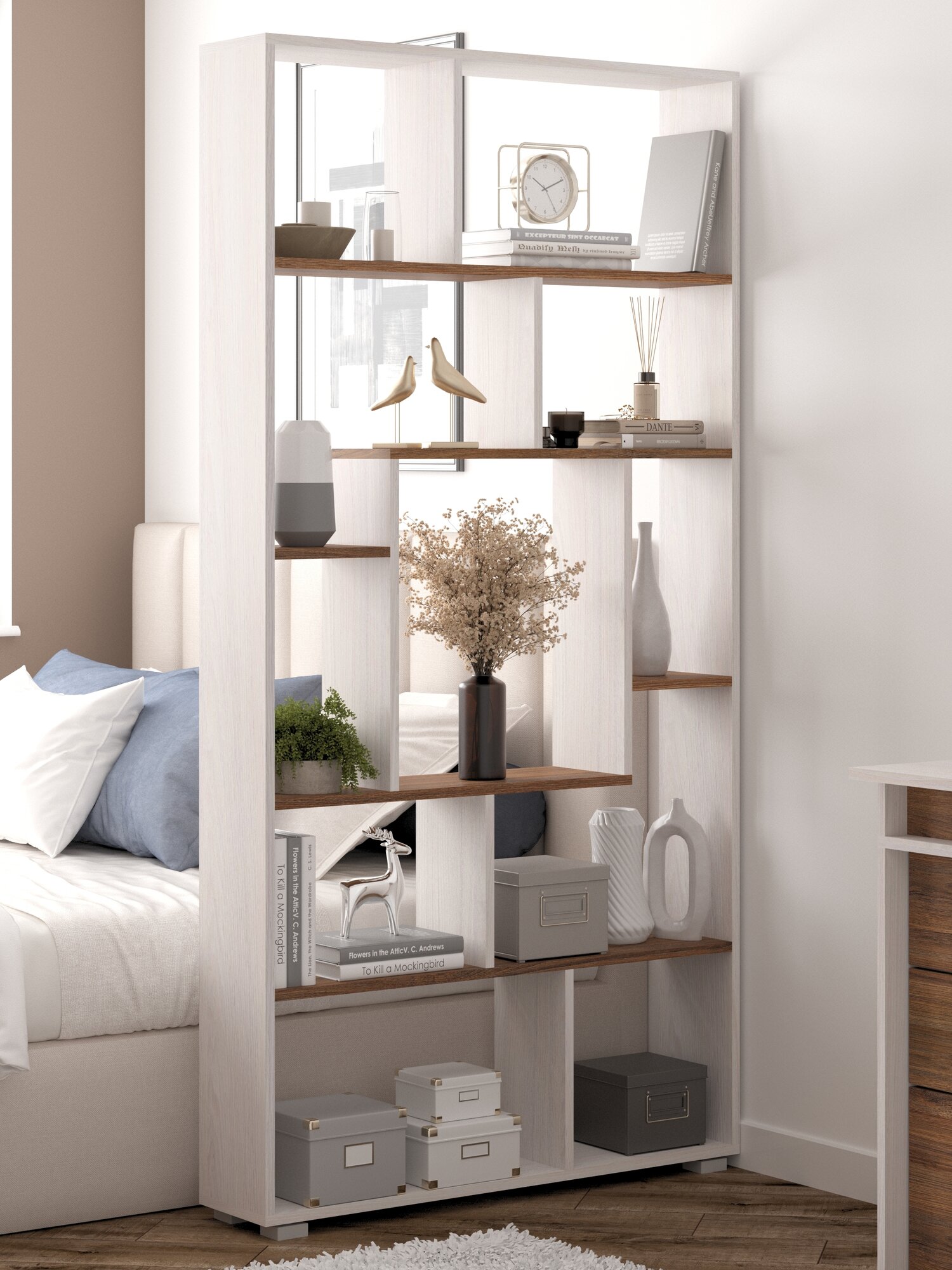 Есэндвич Лаворо-3 Стеллаж-перегородка 90х180х20 см (Анкор белый/Дуб Аризона) с полками