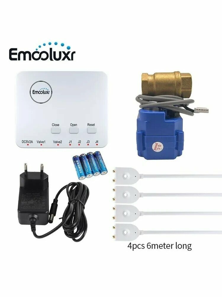 Пакет для обнаружения утечек в водопроводных трубах: DN15 (1/2") латунный клапан + 4шт 6M сенсорный кабель + блок сигнализации воды с батареями и 5V вилкой ЕС