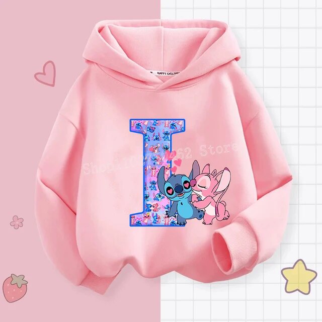 Толстовка с капюшоном Stitch Angel Letter AZ для девочек, свитшот в стиле аниме Disney, детский зимний утепленный пуловер, детская одежда, подарок, Размер:110