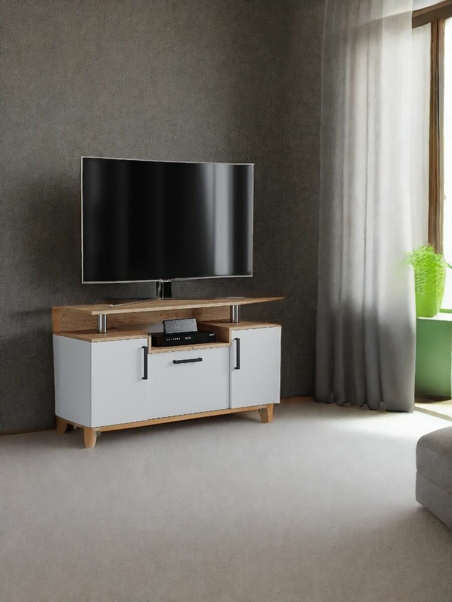 Тумба под телевизор ARNIKA 003С, ЛДСП, дуб крафт золотой, белая