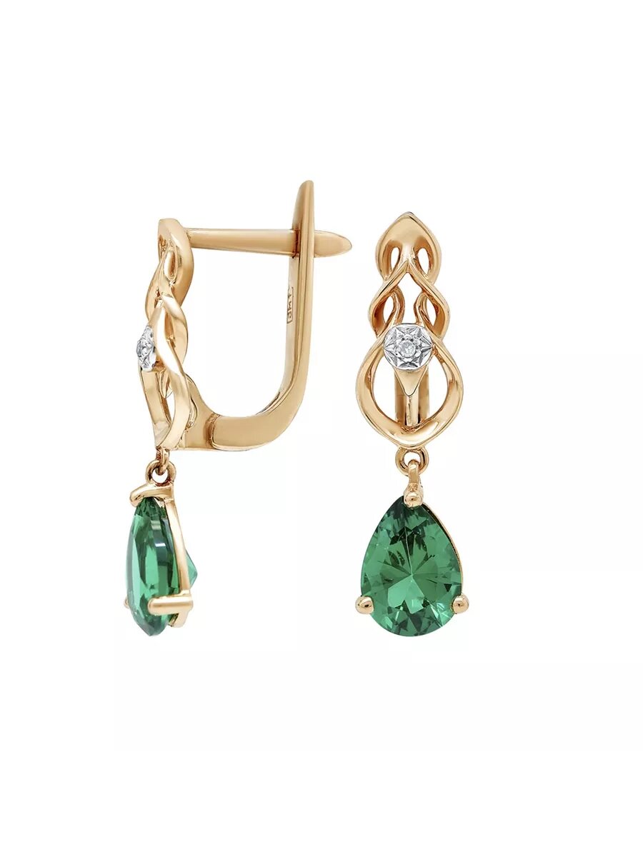 Серьги, красное золото, 585 проба, бриллиант, изумруд