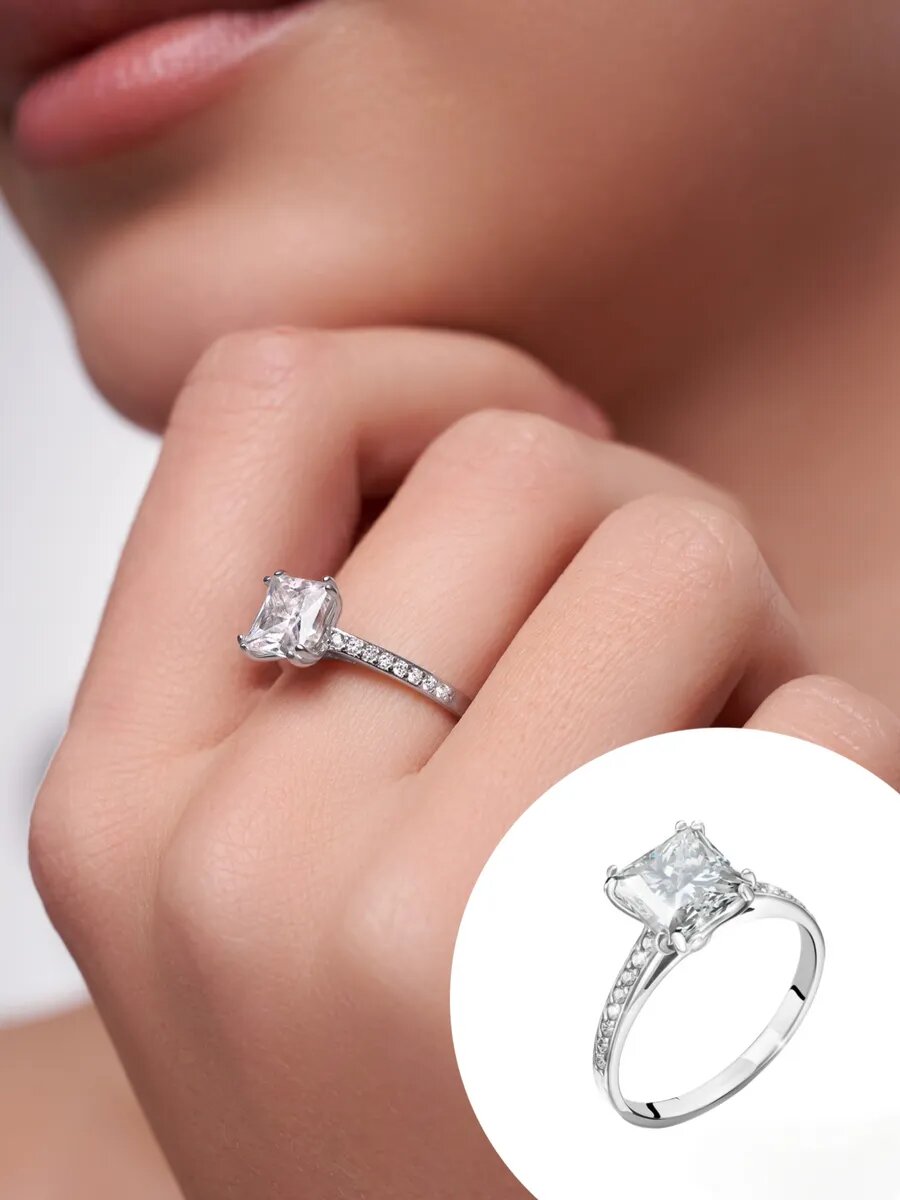 Кольцо помолвочное, серебро, 925 проба, родирование, фианит