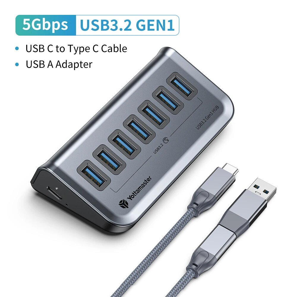 Yottamaster USB-C 3.2 Hub 7-портовый USB-концентратор с питанием от 5 В/3 А USB 3.2 Gen2 10 Гбит/с Концентратор данных для ноутбуков Surface Pro Портативные жесткие диски, 5Gbps 7 Port C to C