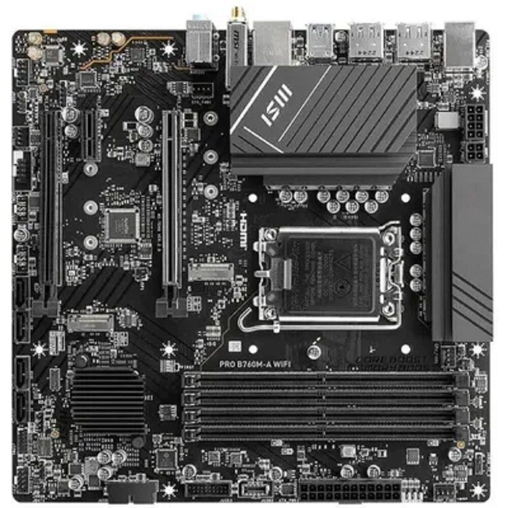 Материнская плата MSI PRO B760M-A WIFI Soc-1700, Intel B760, 4xDDR5, mATX AC`97 8ch(7.1) 2.5Gg+HDMI+DP