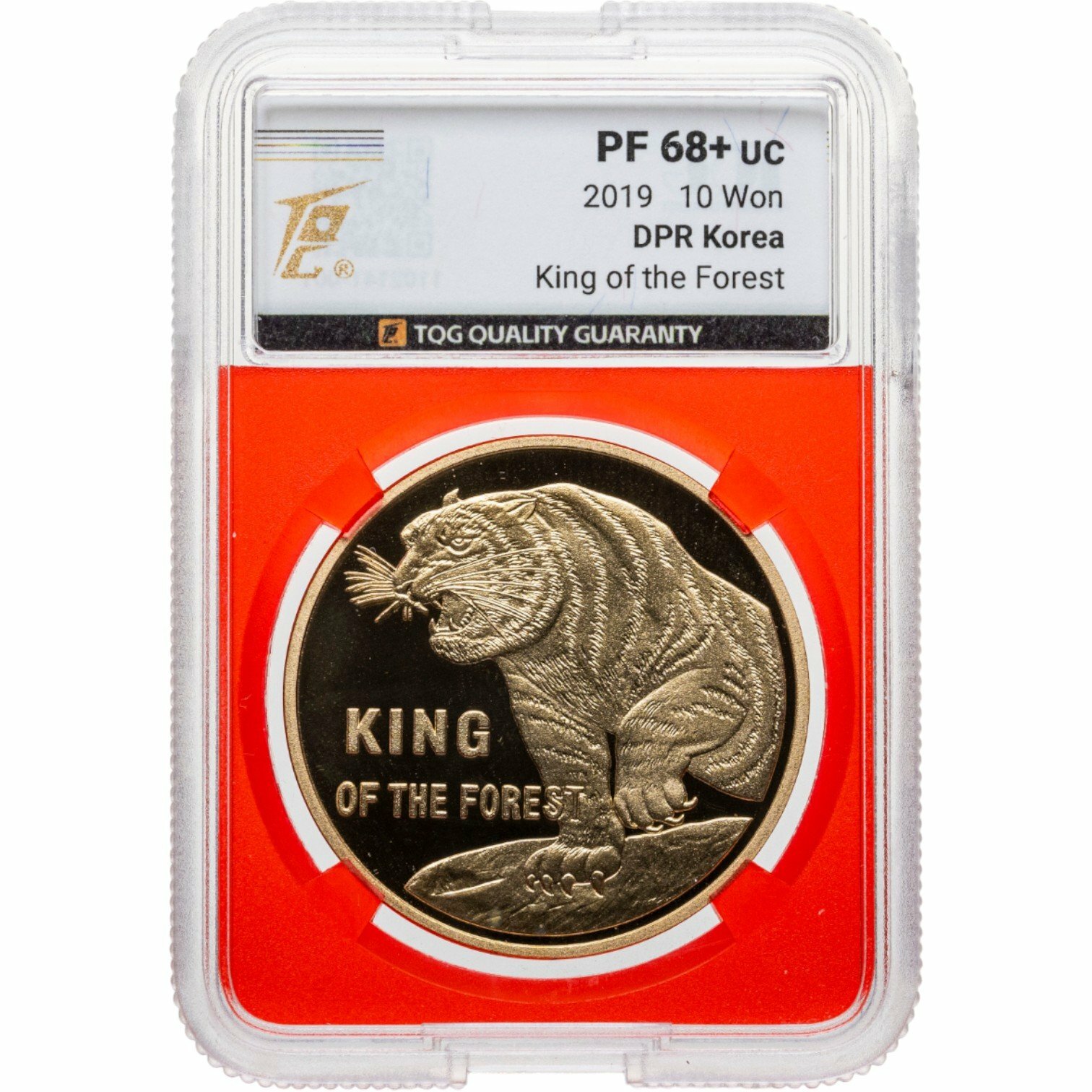 Северная Корея 10 вон 2019 "Тигр" в слабе, Латунь, в сохранности PF68