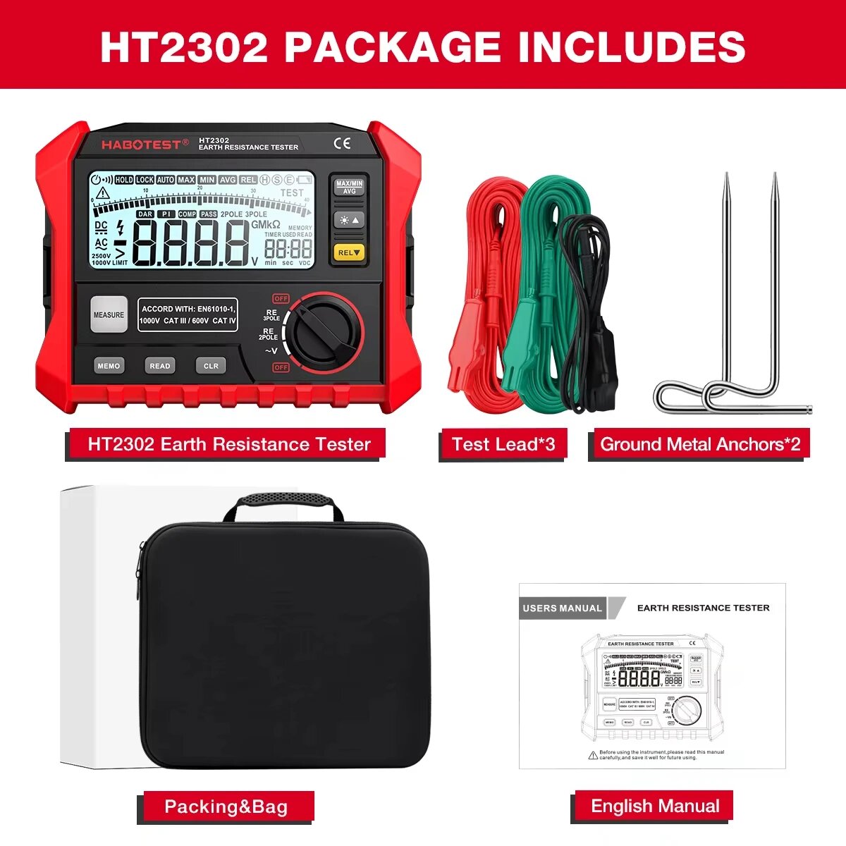 HABOTEST HT2302 Тестер сопротивления изоляции Тестер сопротивления заземления Цифровой мегомметр Метр 100 групп хранения данных