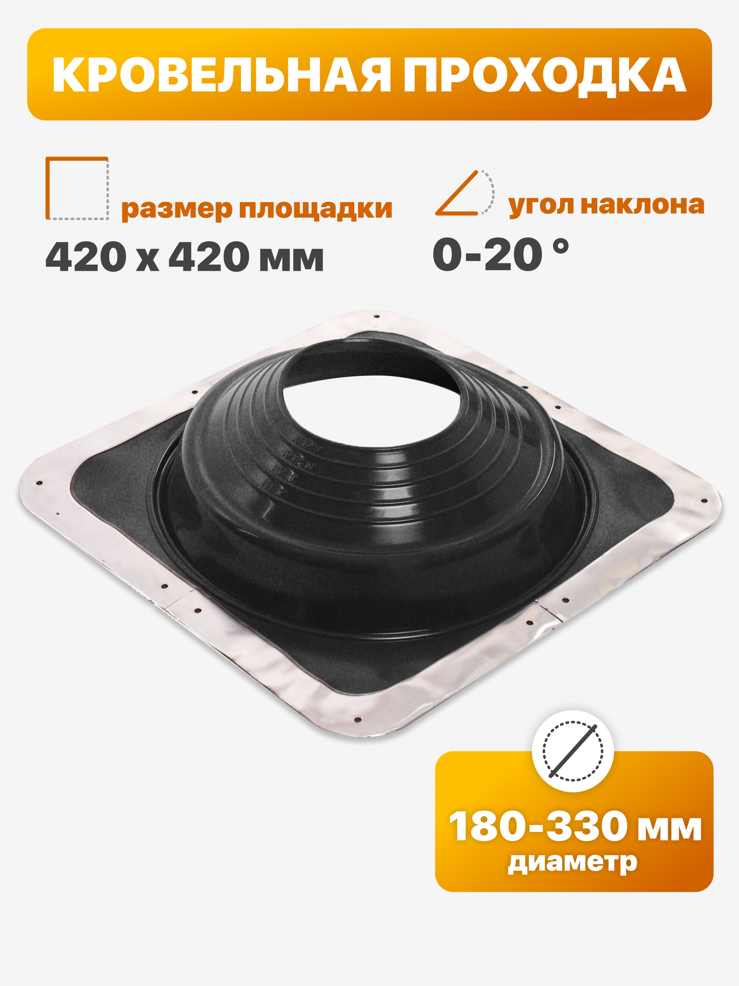 Уплотнитель кровли (кровельная проходка) №8 прямой 180-330мм 420х420мм черный