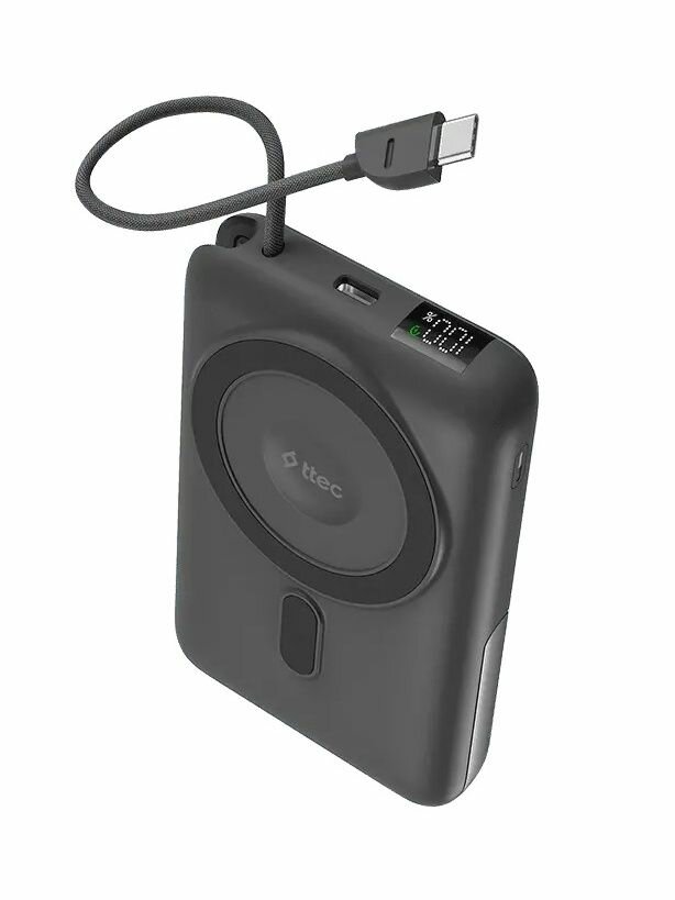 Внешний аккумулятор беспроводной TTEC Recharger M LCD 10000 mAh. MagSafe PD 20W Powerbank с подставкой. Цвет: серый