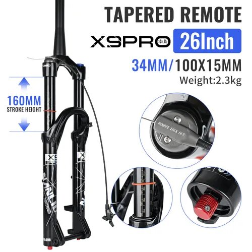 Nanlio X9 PRO Велосипедные амортизационные вилки 34MM 26 27.5" 29 дюймов МТБ Вилка с маслом и газом, 140/160MM с металлическими втулками.