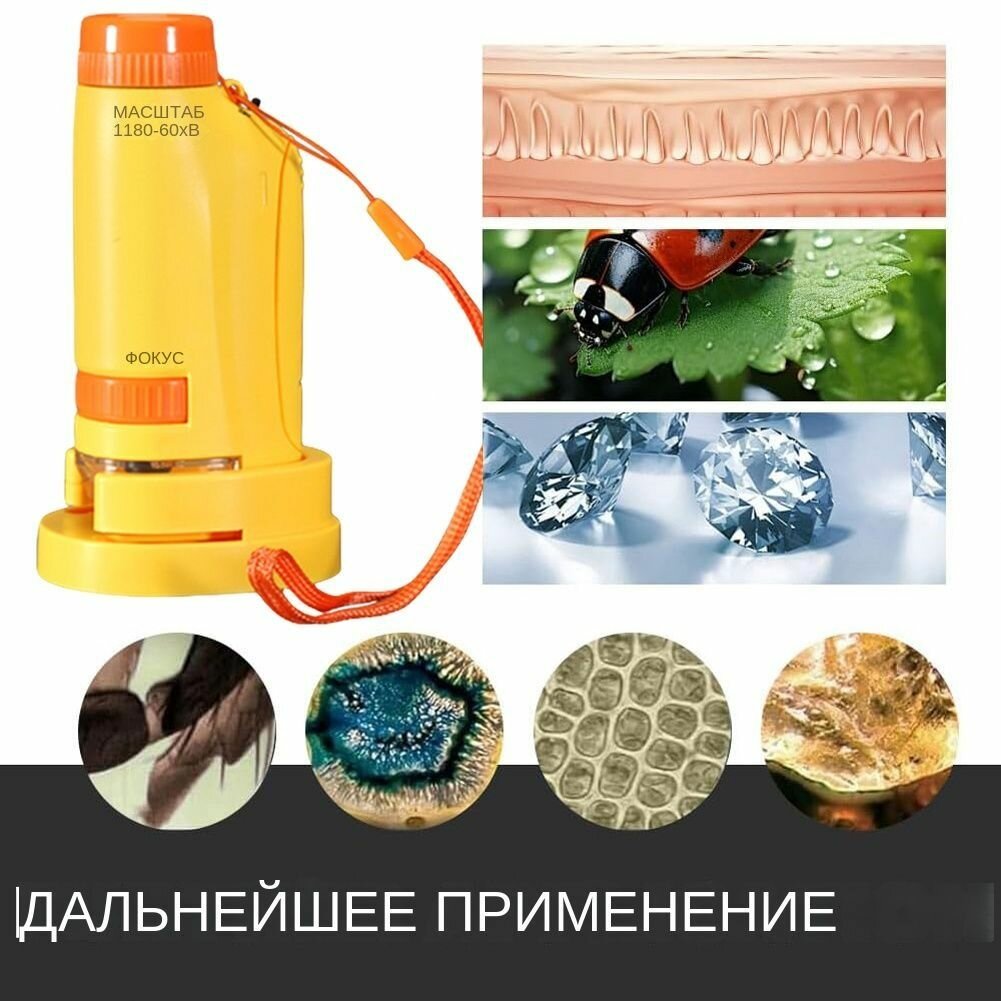 Ручной микроскоп 60x-180x со светодиодной подсветкой, карманный микроскоп, научные игрушки для детей