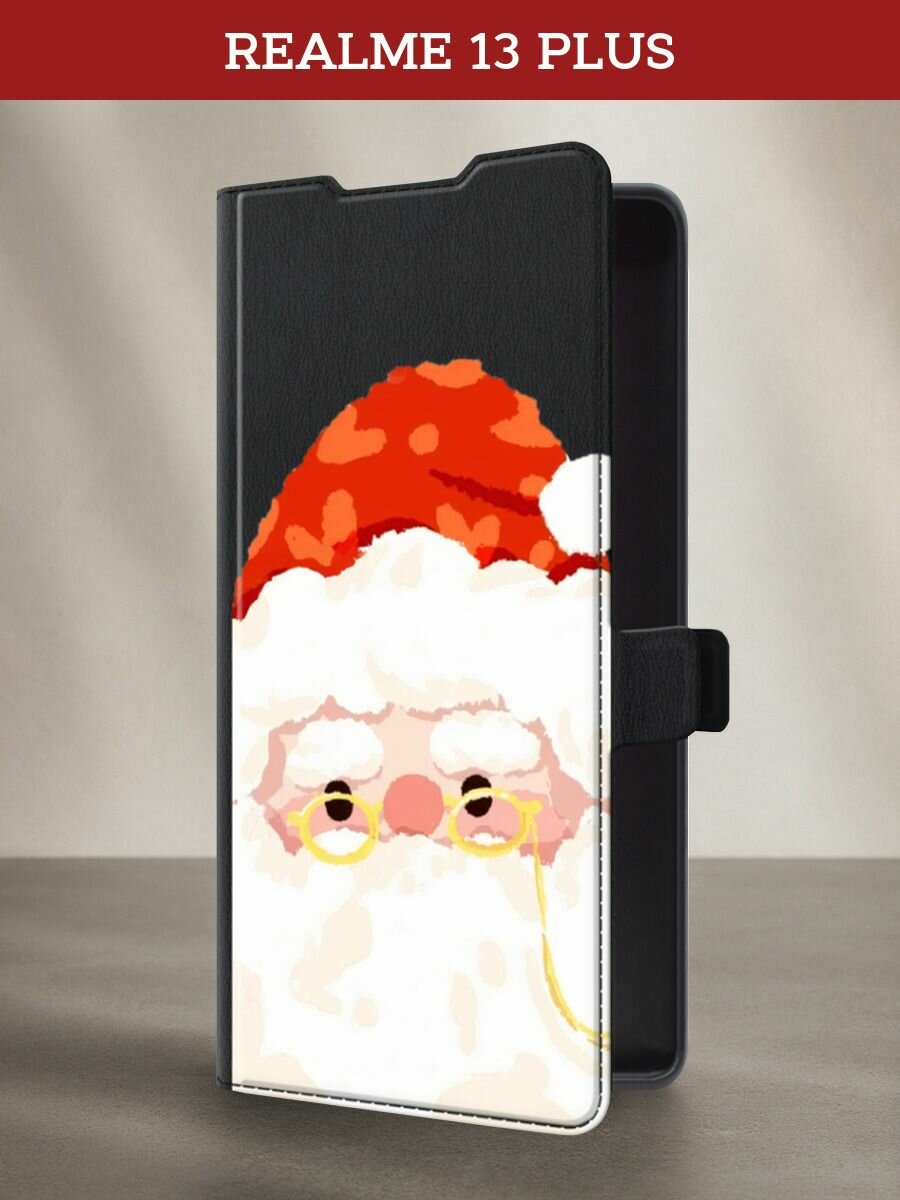 Чехол-книжка на Realme 13 Plus / Реалми 13 Плюс с рисунком Санта клаус, черный