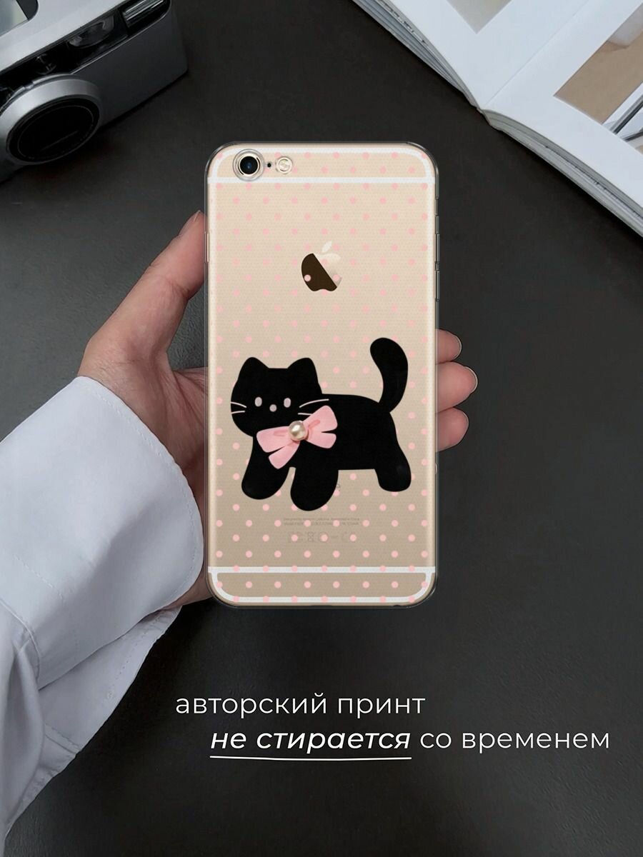 Чехол на Apple iPhone 6 Plus/6S Plus / Айфон 6 Плюс/Айфон 6С Плюс с принтом Черный котик с бантом, прозрачный — фото 1