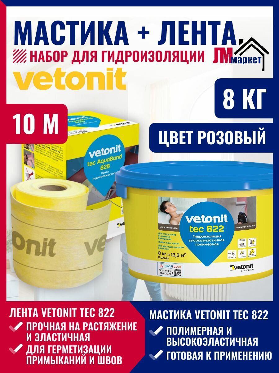 Мастика и лента Vetonit Tec 822, 8 кг х 10 м, набор для гидроизоляции, розовая мастика, эластичная лента