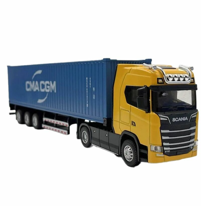 Модель грузовика тягач с прицепом-контейнером, синий , желтый Scania