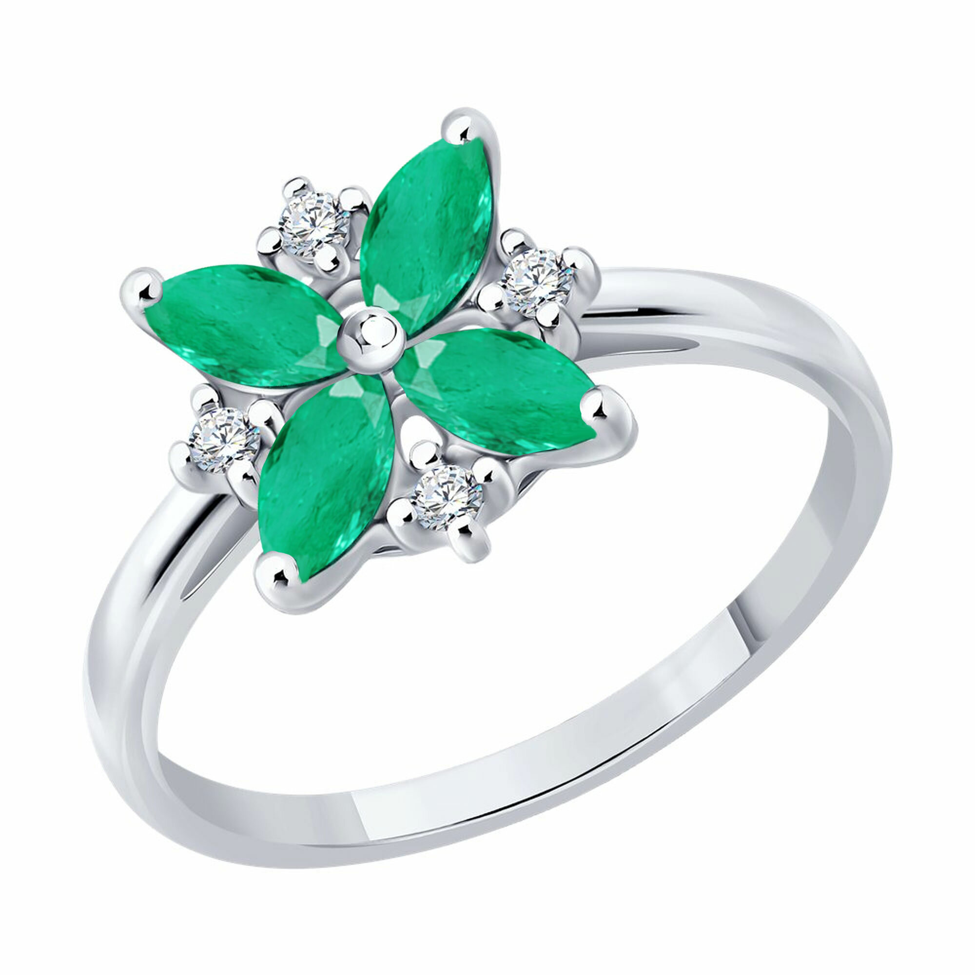 Кольцо, серебро, 925 проба, родирование, изумруд, фианит