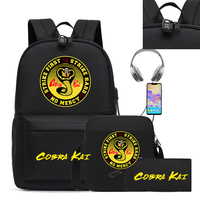 Новый американский сериал «Каратэ», детский рюкзак «Кобра», сумка для ручек, сумка на одно плечо, парусиновая школьная сумка из трех предметов 01