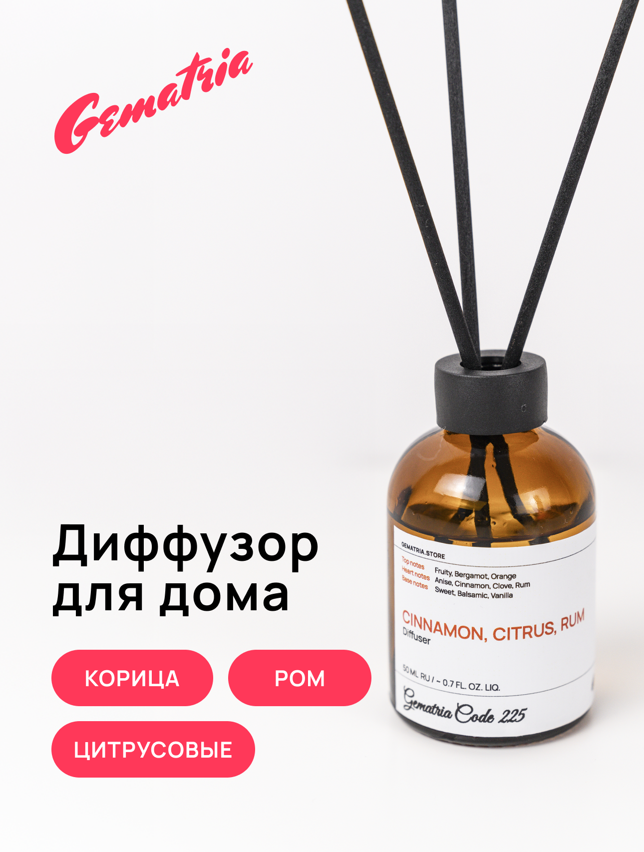 Gematria Home ароматический диффузор: Глинтвейн, Ваниль, Корица, Ром, Основа: натуральное масло. 50 мл