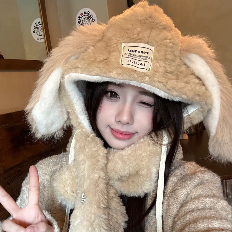 Милая пушистая плюшевая шапка и шарф с кроличьими ушками в одном осенне-зимнем утолщенном теплом защитном шапке и шарфе для ушей для женщин