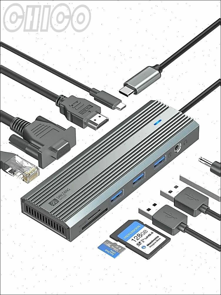 10-в-1 Док-станция SANZANG USB-C Hub с питанием 100W, 4K HDMI, VGA, USB 3.0, Gigabit Ethernet, разъемом PD и для карт памяти