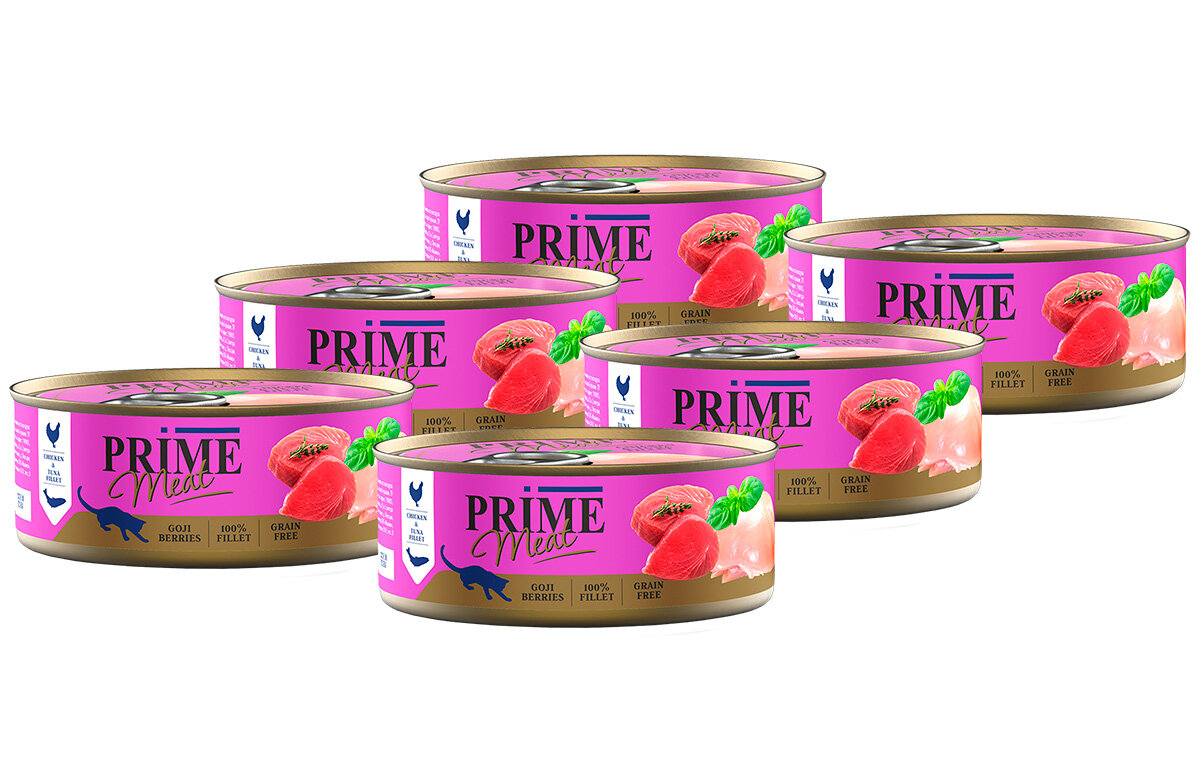 Корм влажный Prime Meat Cat Grain Free беззерновые для взрослых кошек, курица и тунец в желе, 100 г х 6 шт
