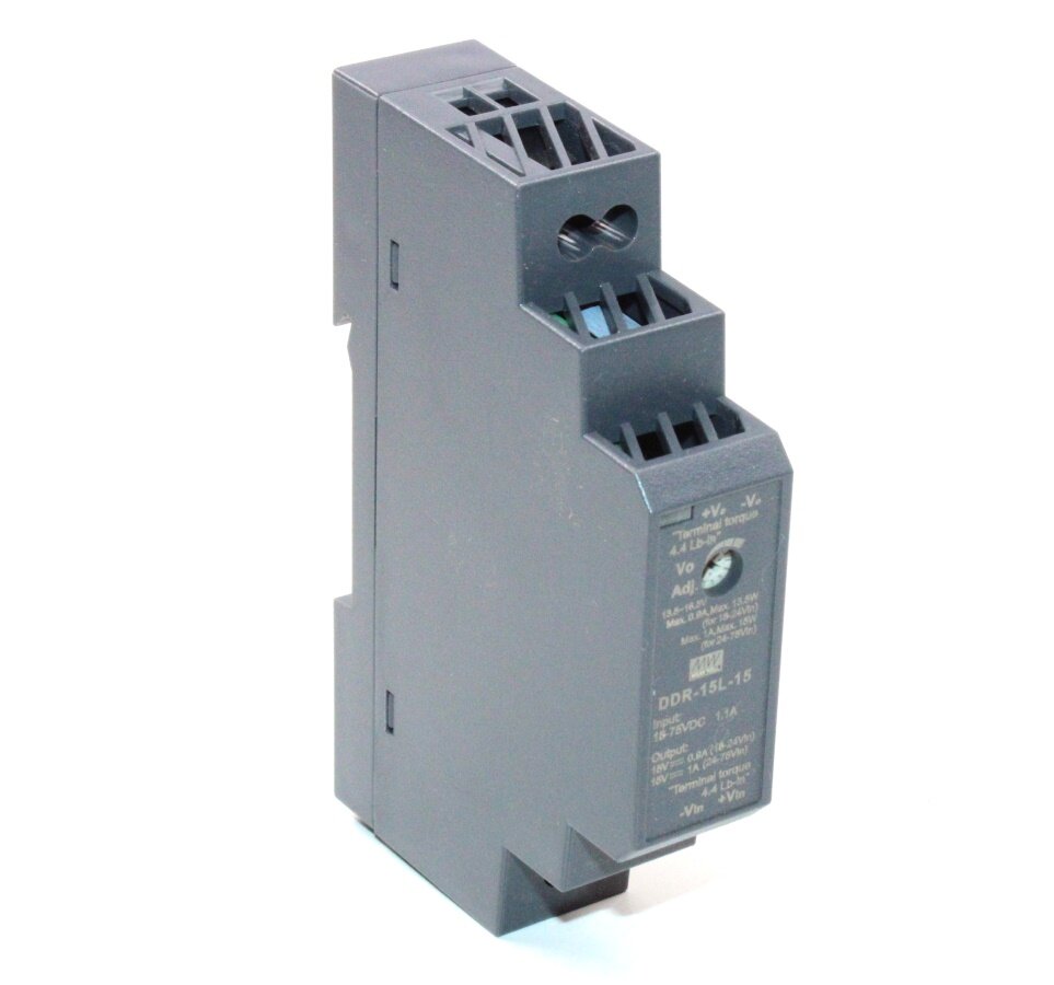 DDR-15L-15, Преобразователь DC-DC на DIN рейку, MW, DC-DC, 15Вт, вход 18…75 В DC, выход 15В/1А, изоляция 4000В DC, в кож
