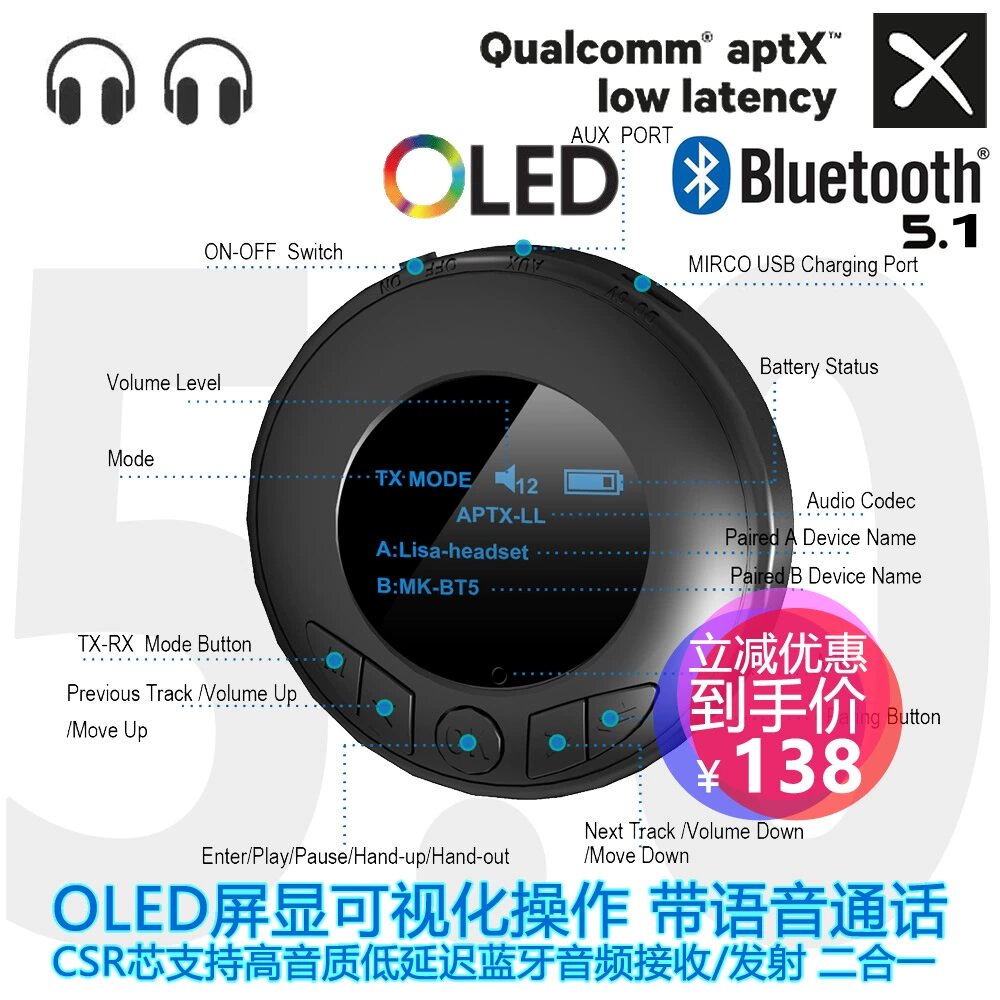 Bluetooth 5.1 Аудиоадаптер с голосовым низколатентным APTX LL и дисплеем B3M
