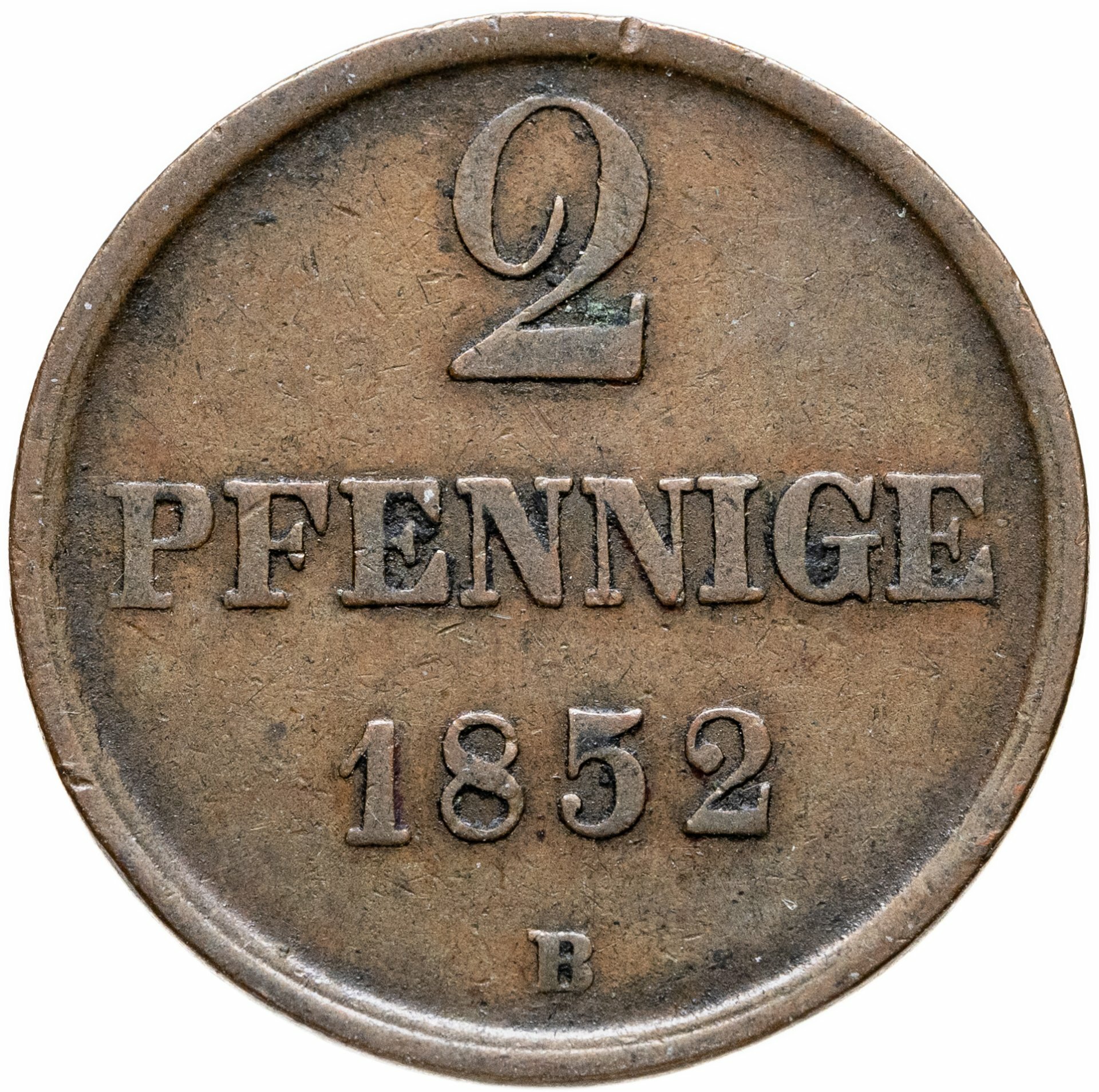 Ганновер 2 пфеннига 1852, Медь, в сохранности VF