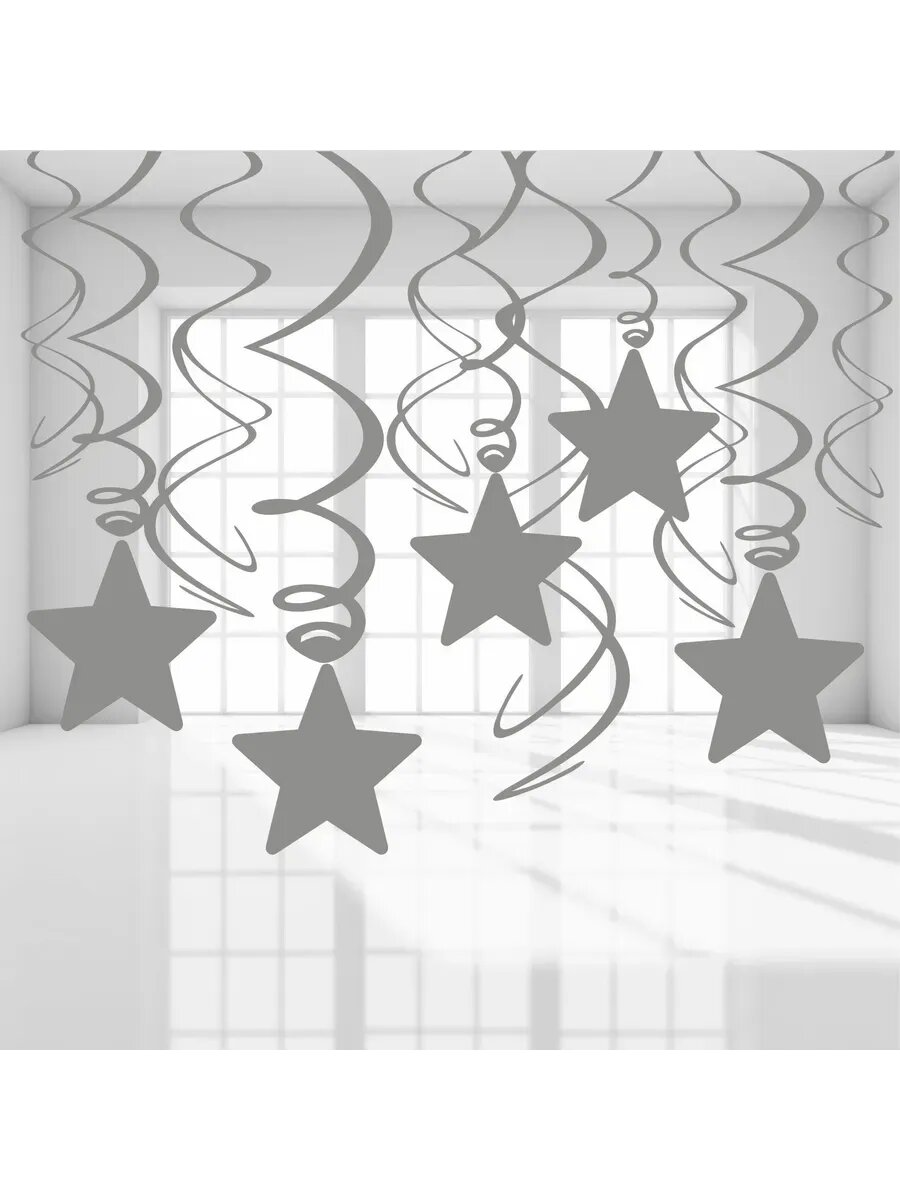Спираль Декор Звезды, Серебро, 12 шт / 6 спиралей со звездами + 6 без звезд
