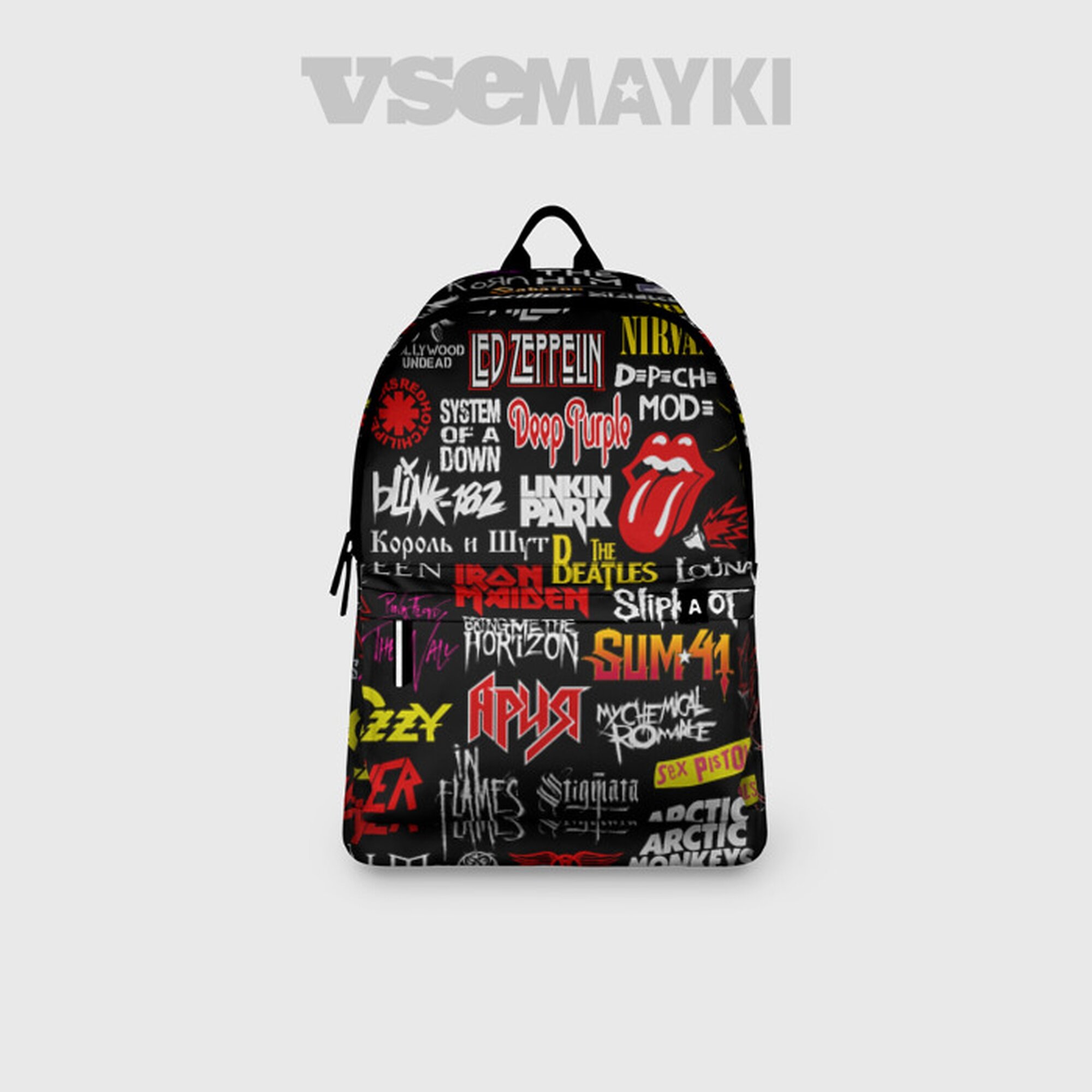 Рюкзак с принтом Логотипы рок групп цветные, One size, белый