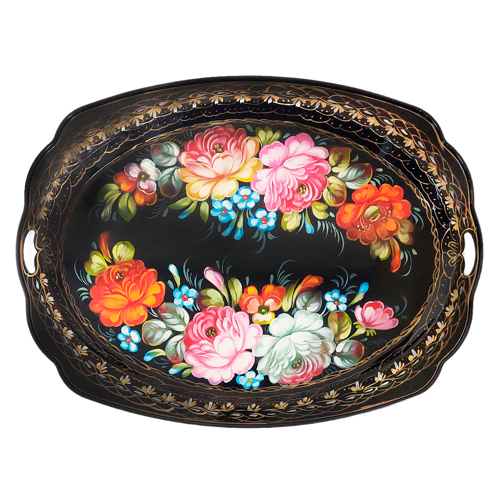 Поднос металлический, овальный, "Цветочная мозайка", жостово 40/30см.