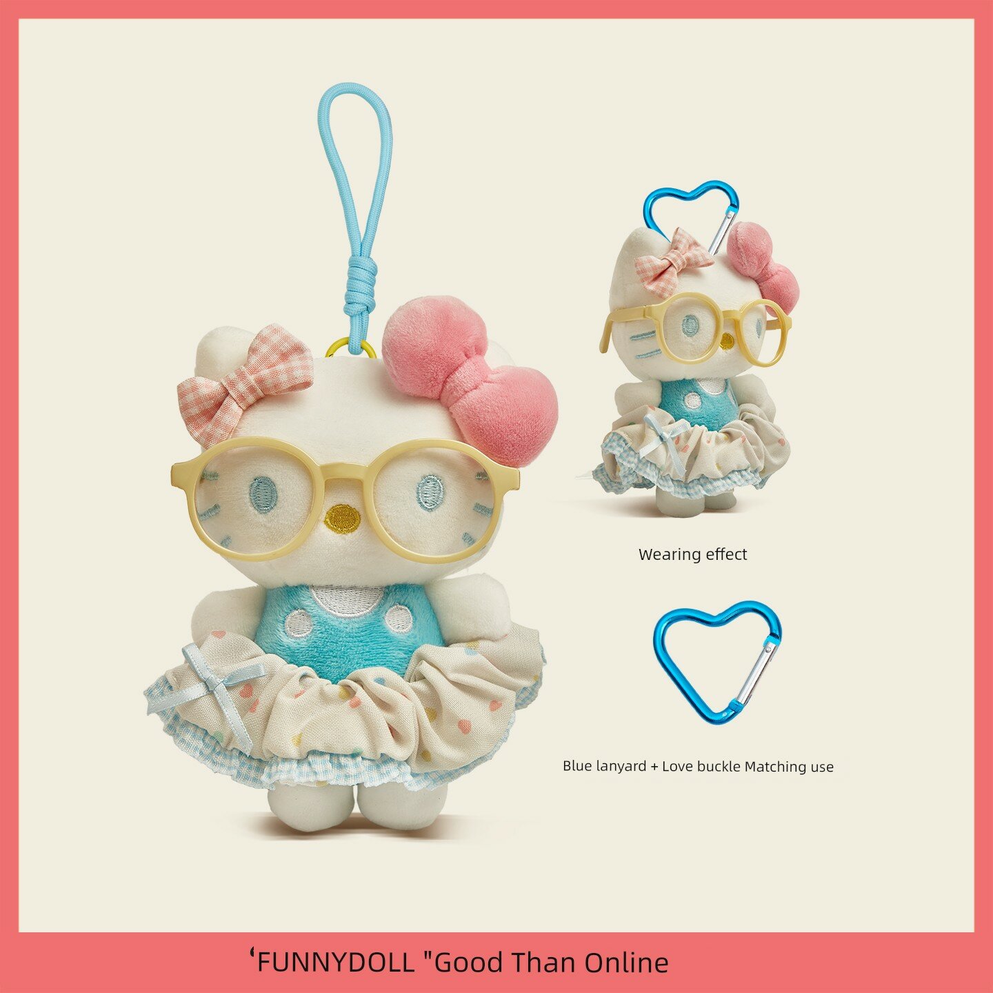 Ключка Hello Kitty с полосатым платьем и очками - синяя веревка с сердечком